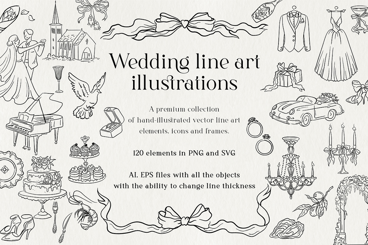 Wedding line art illustrations, a Decorative Illustration by Garden in ...