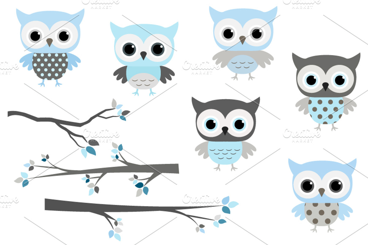 Cute blue and grey owls clip art set, an Animal Illustration by ...