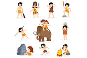 Caveman kids vector primitive children character and prehistoric child ...