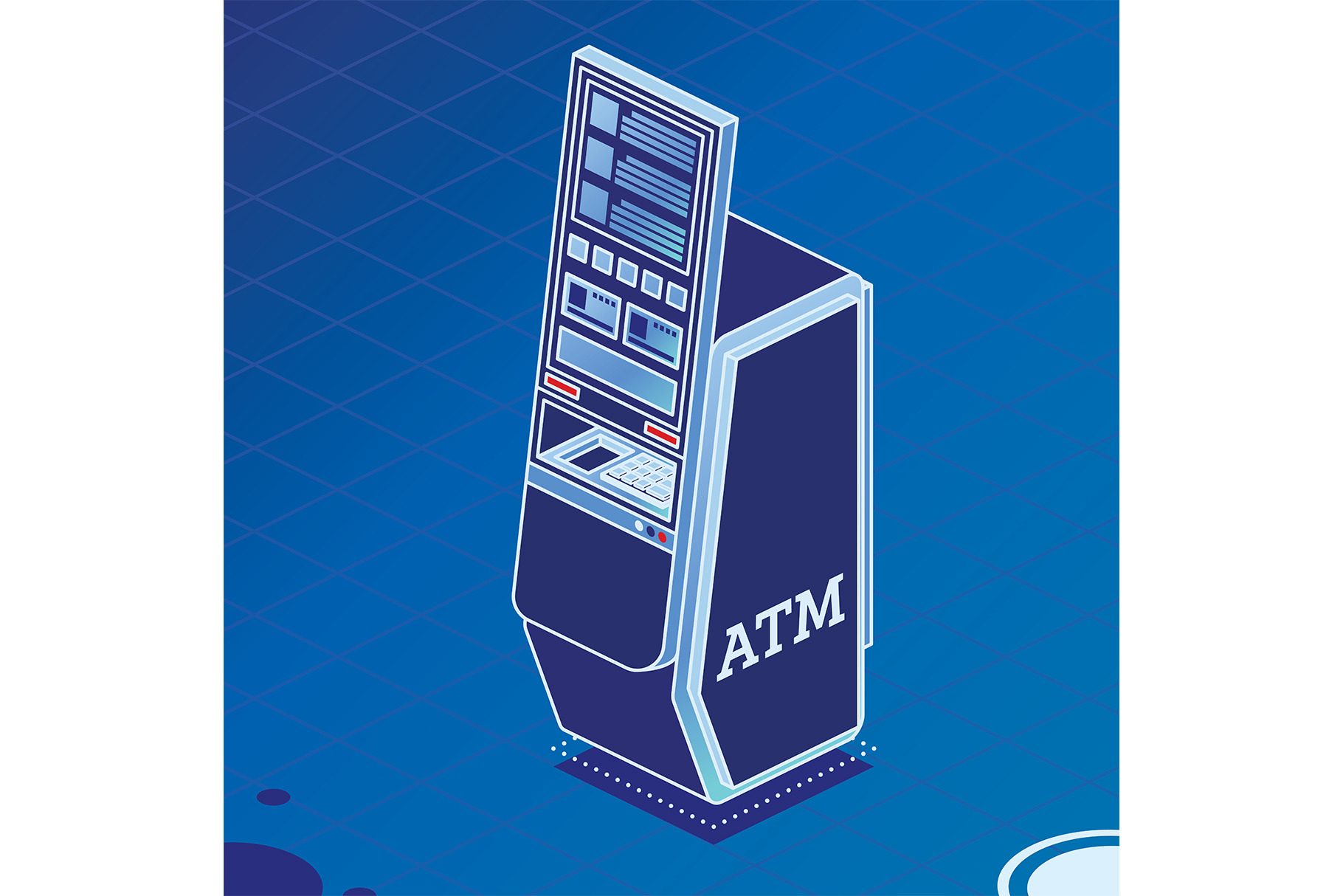 Modern Atm Machine on Blue Background.
