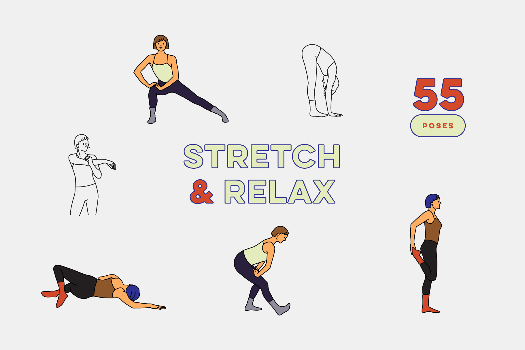 55 Stretching Poses, an Illustration by pkahraman
