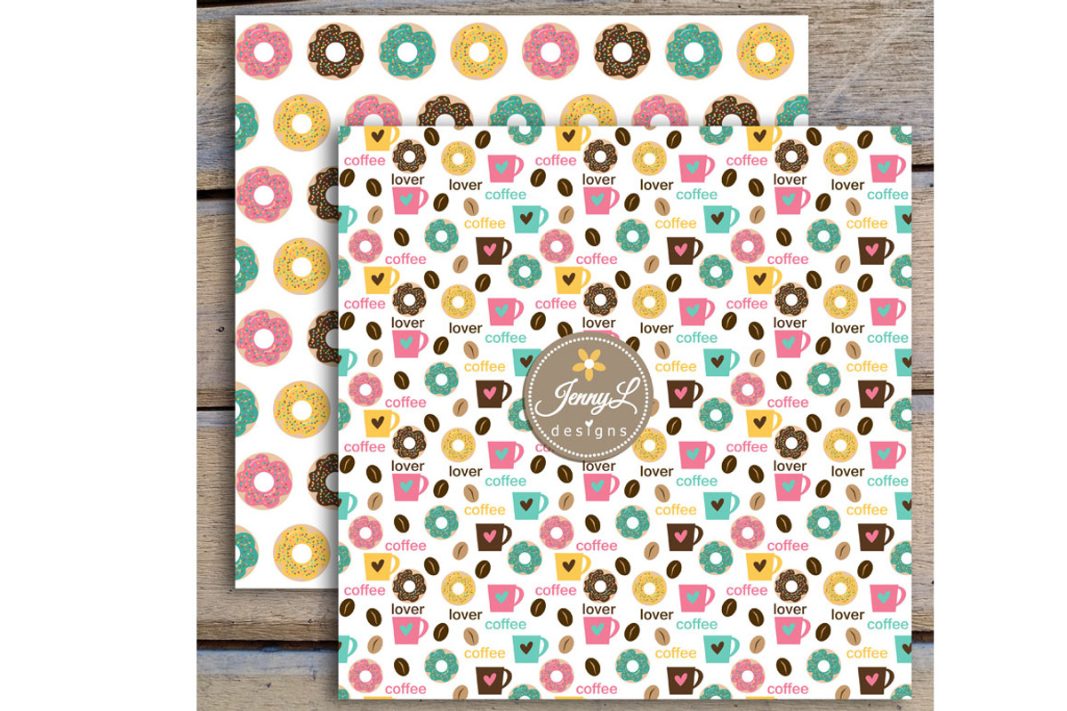 Coffee Donut Digital Papers Clipart, a Pattern Graphic by JennyL Designs