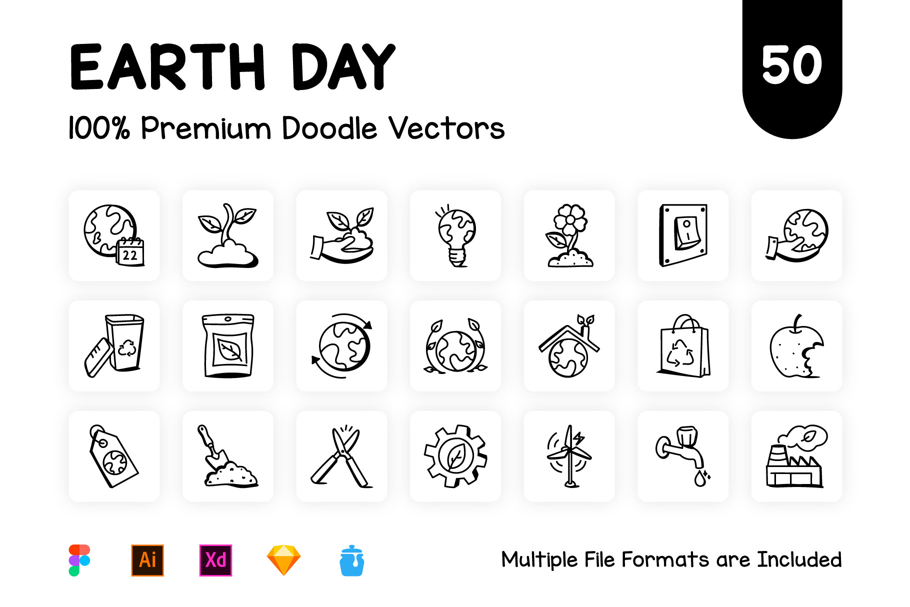 50 Doodle Earth Day Vector Icons | Creative Market
