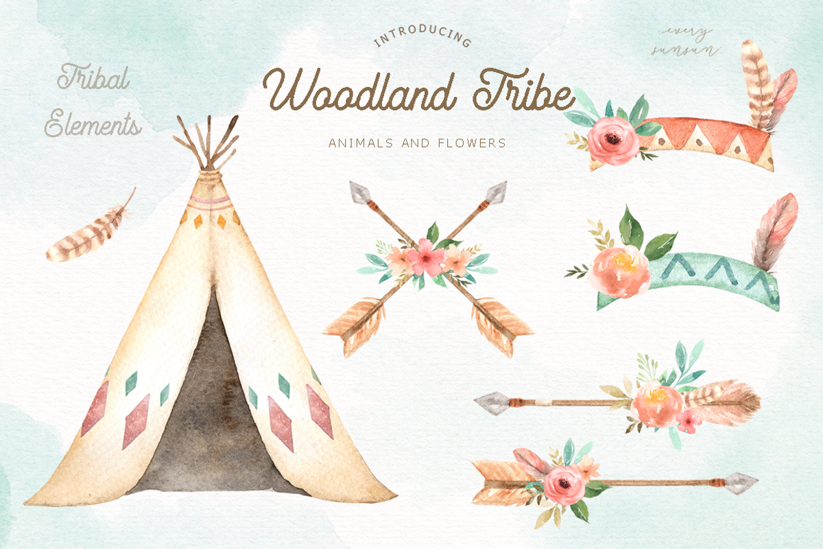 Woodland Tribe Watercolor Clip Art, an Animal Illustration by everysunsun
