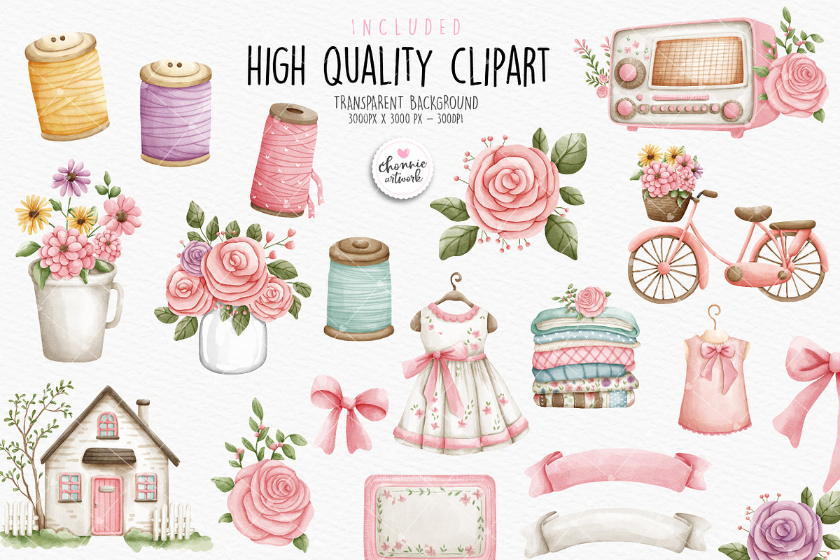 Mother's Day clipart, Sewing kit, a Seasonal Illustration by Chonnieartwork