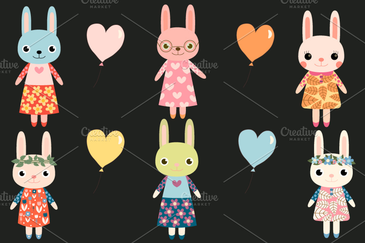 Cute colorful bunnies clipart set, an Animal Illustration by ...