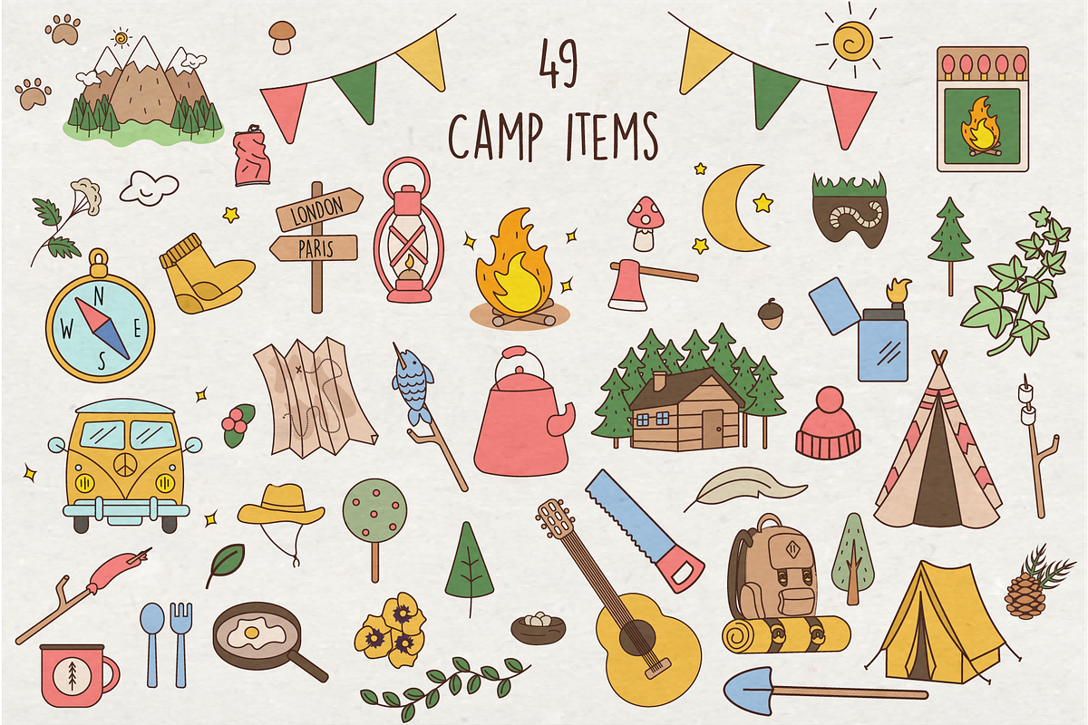 Cute Camping Doodles Vector Graphics