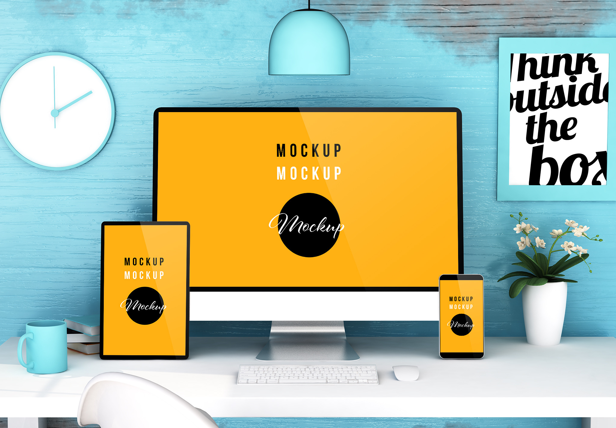 Devices on Blue Studio Mockup, an iPad Mockup by McLittle Stock