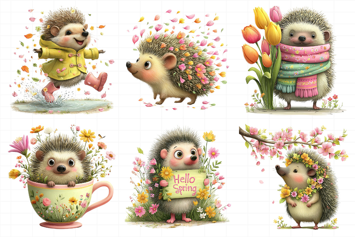 Whimsical Spring Hedgehog Clipart, an Illustration by Daily.Designs