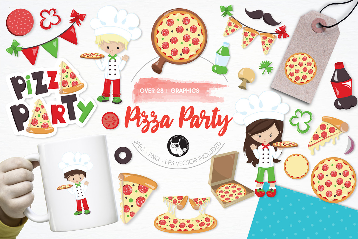 Pizza party illustration pack, an Illustration by PrettyBundles