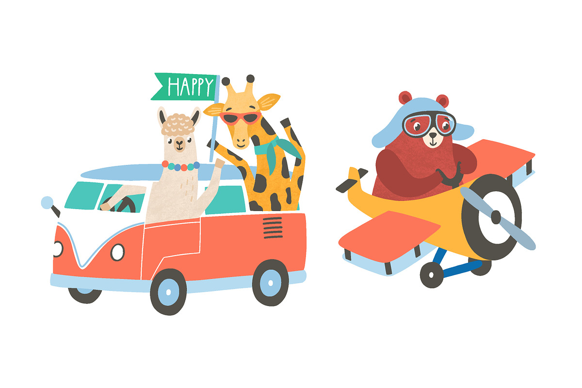 Cute animals with vehicles, an Animal Illustration by Good Studio