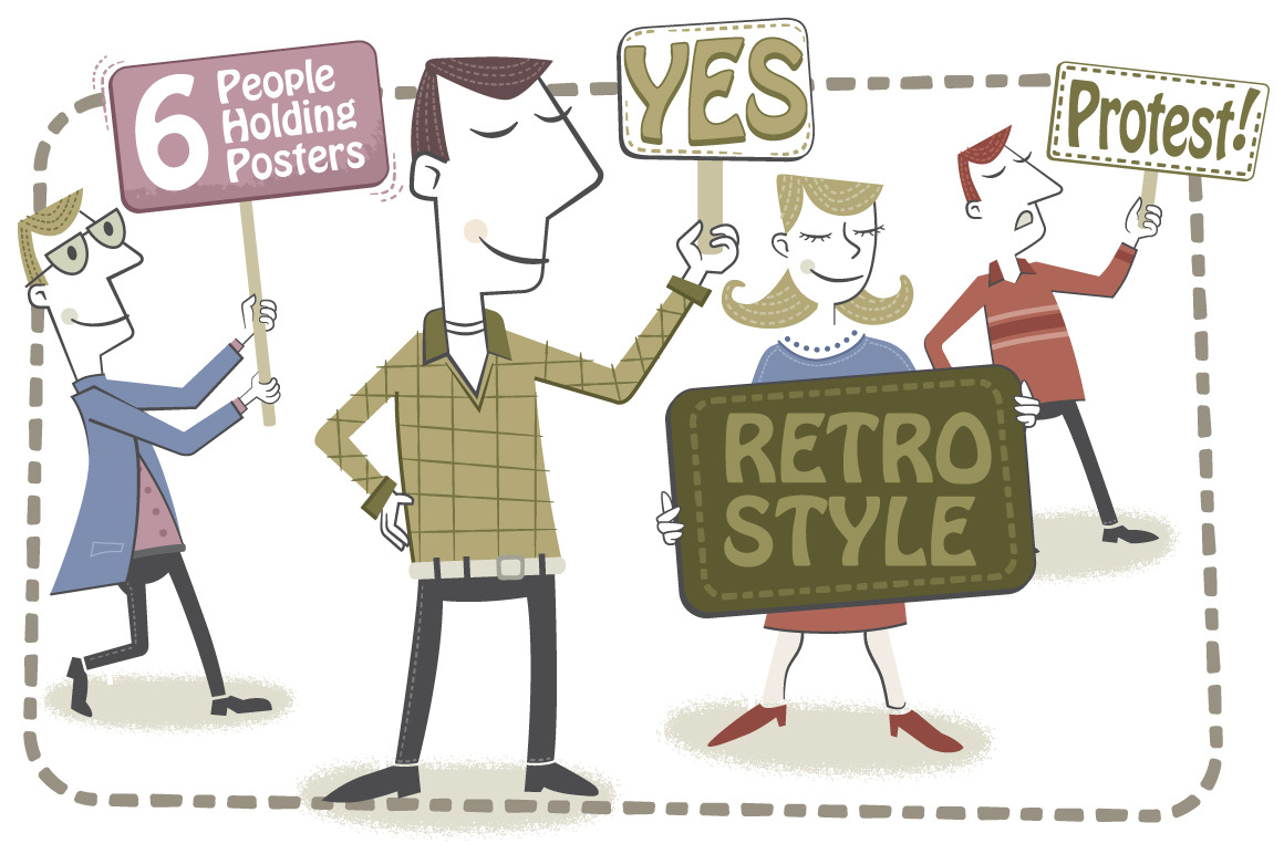 6 people holding posters, a Person Illustration by javi.ruiz