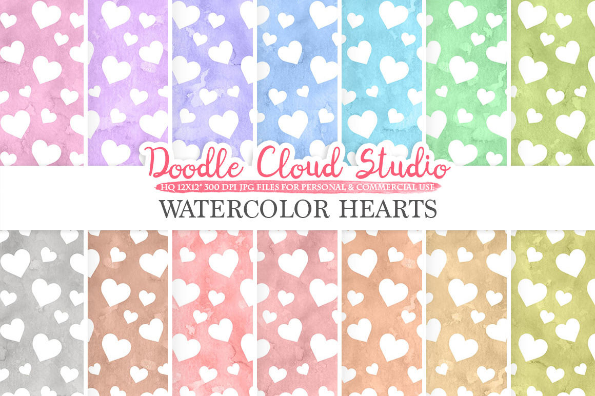 Watercolor Hearts digital paper, a Pattern Graphic by Doodle Cloud Studio