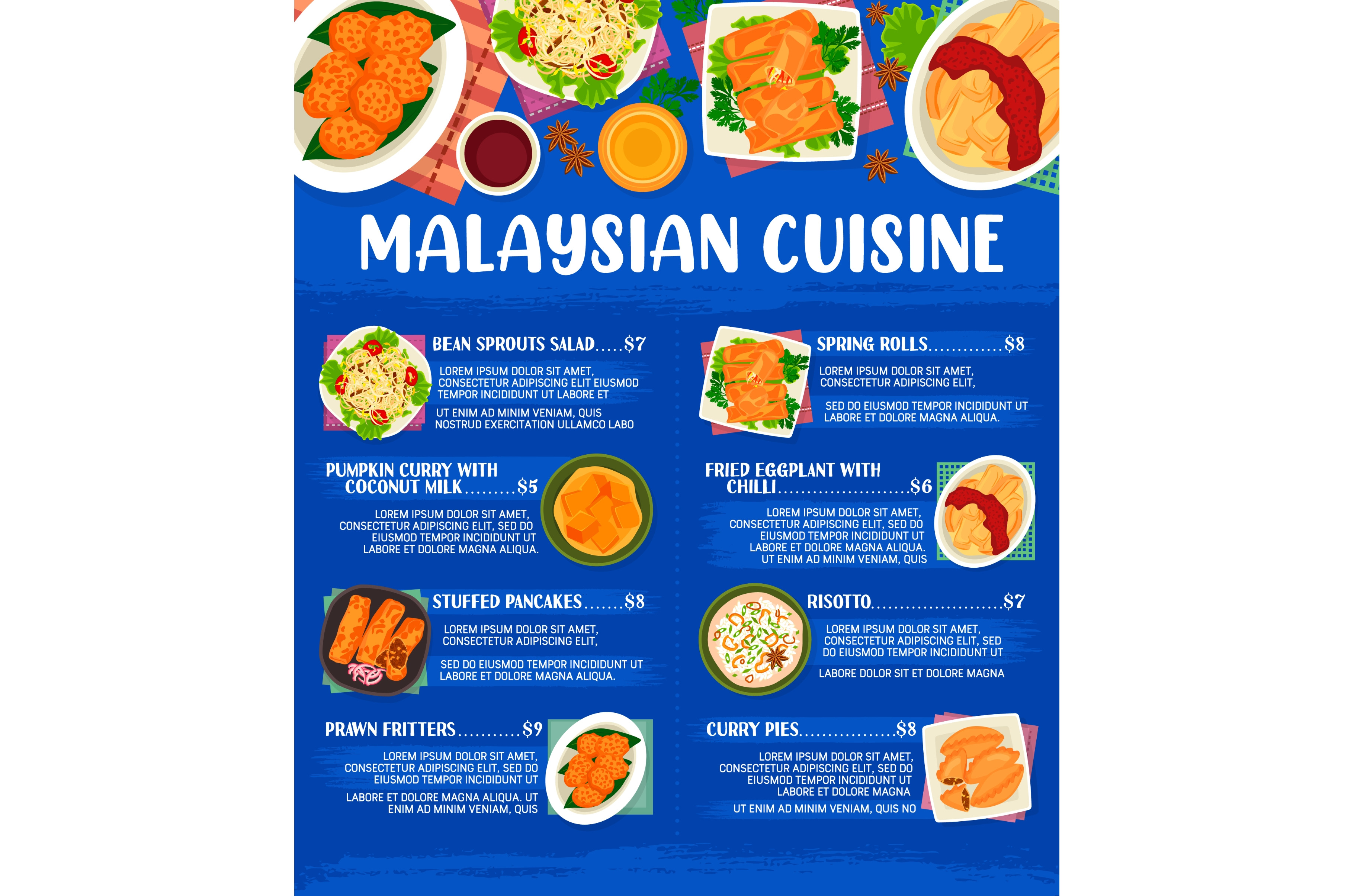 Malaysian cuisine menu template, a Food Illustration by Vector Tradition