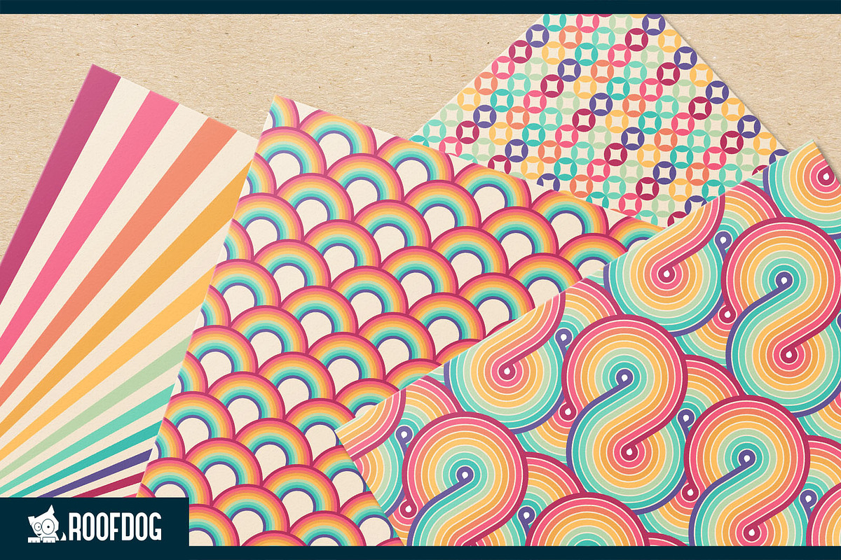 Retro rainbow digital paper, a Pattern Graphic by Roofdog Design