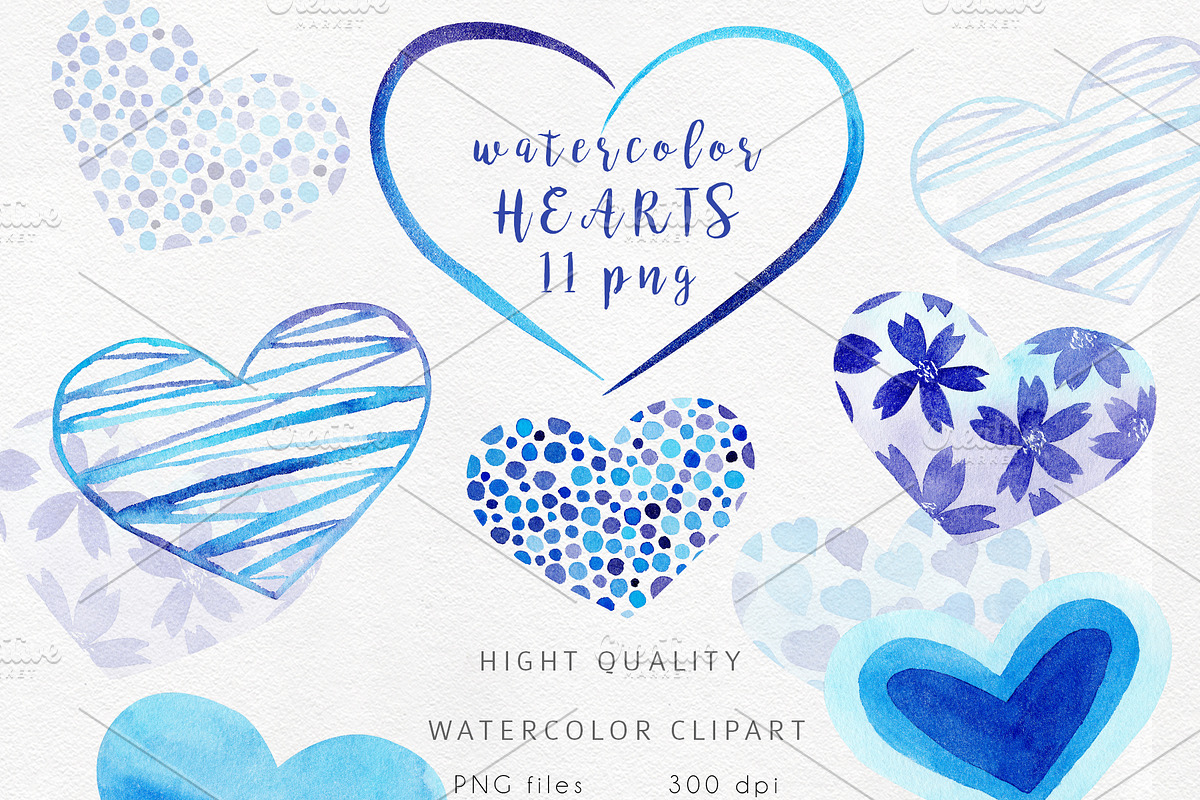 Watercolor Blue Hearts Collection, an Illustration by SunRayArtDesigns