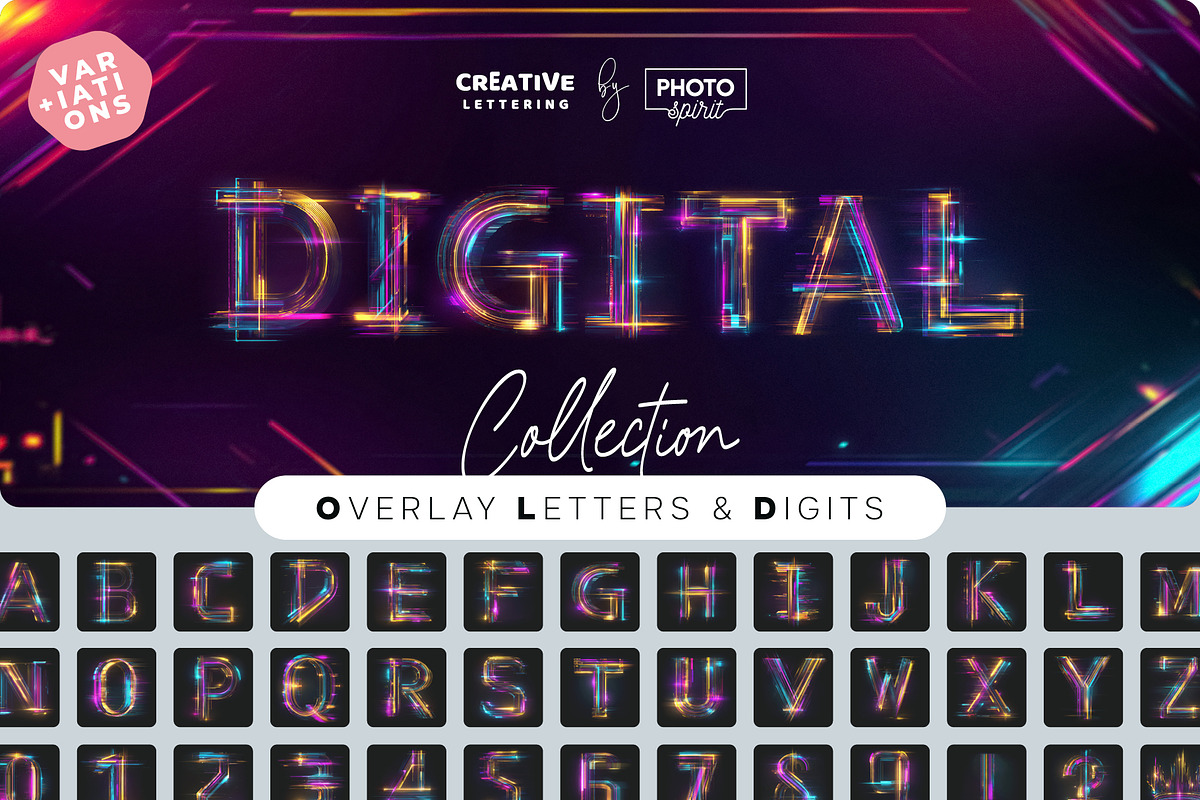Digital Neon Letters Overlays, a Symbol Font by PhotoSpirit