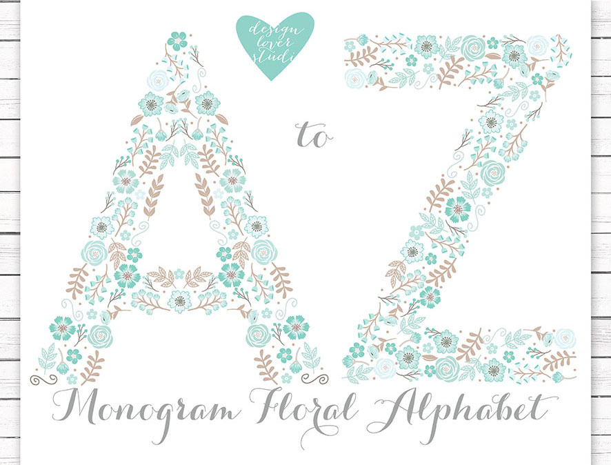 Vector mint floral alphabet, a Decorative Illustration by designloverstudio