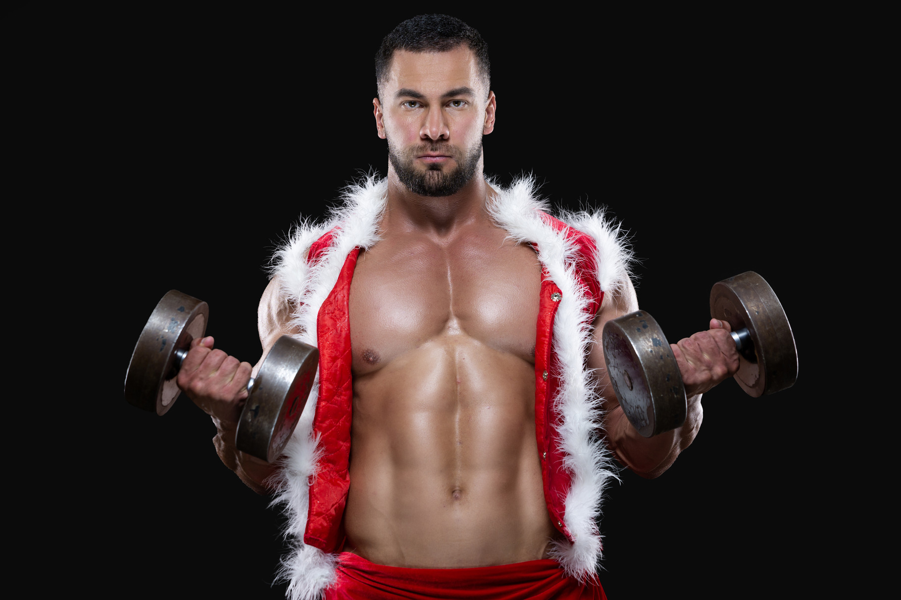 Strong muscular athlete wearing containing bodybuilder, dumbbells, and ...