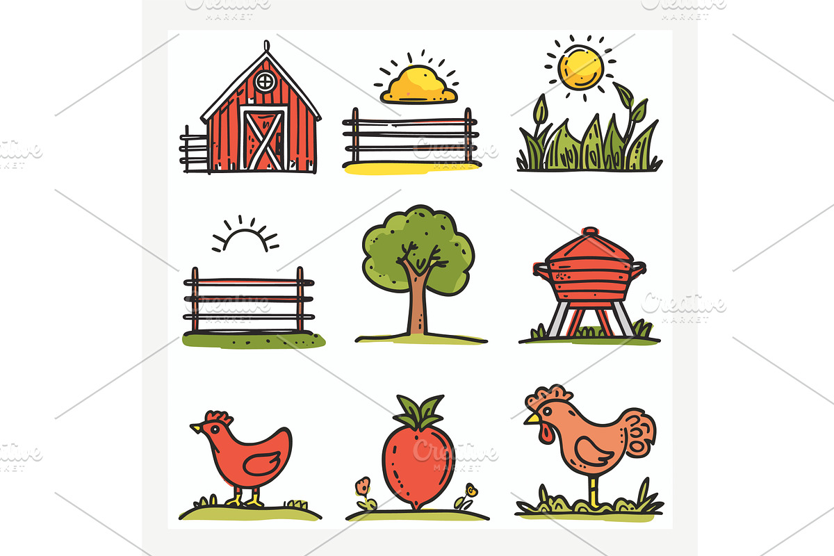 Handdrawn farm doodles set, colorful, an Animal Illustration by ...