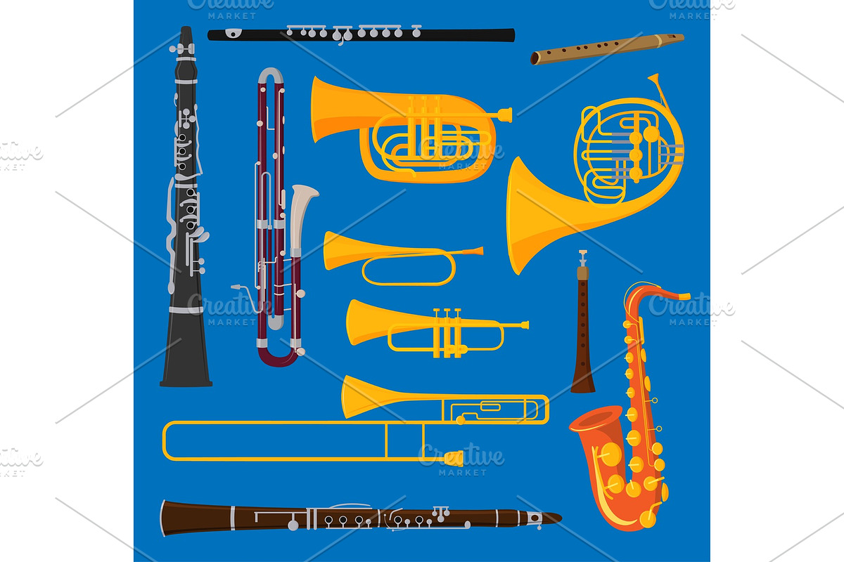 Musical wind air tube brass instruments vector isolated on background ...