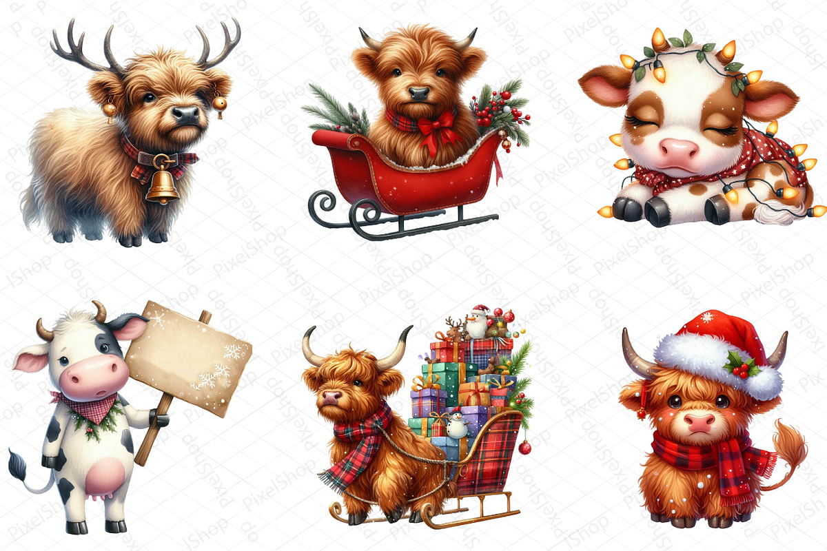 Cute Christmas Highland Cow Clipart, an Illustration by DreamPrint404