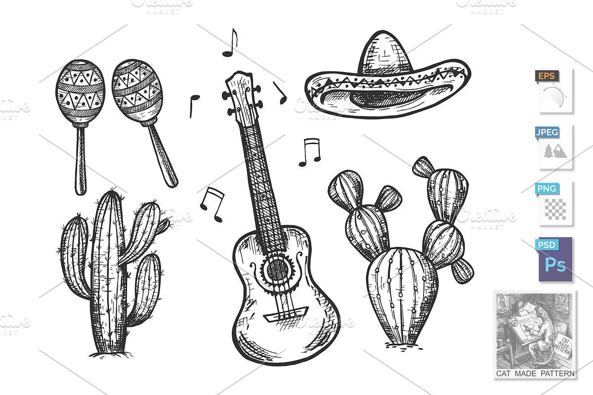 Mexican traditional objects set, a Decorative Illustration by ...