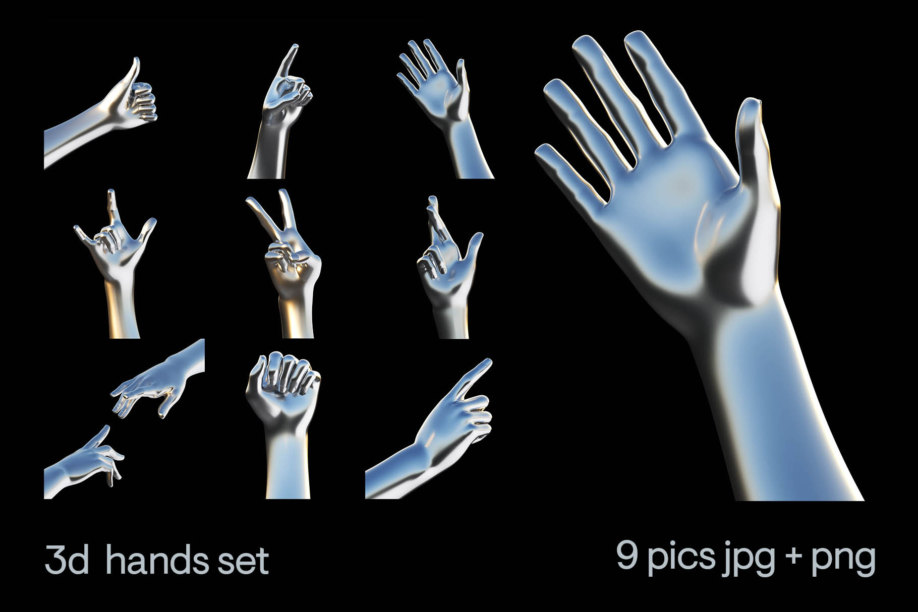 3d hands set. chrome gestures, an Object Illustration by Mary P