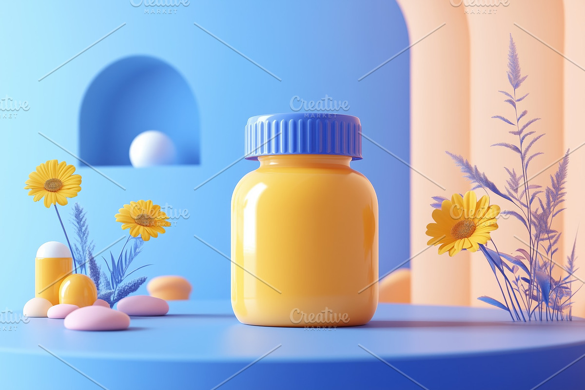 A vibrant still life featuring a yellow jar with a blue lid, surrounded ...
