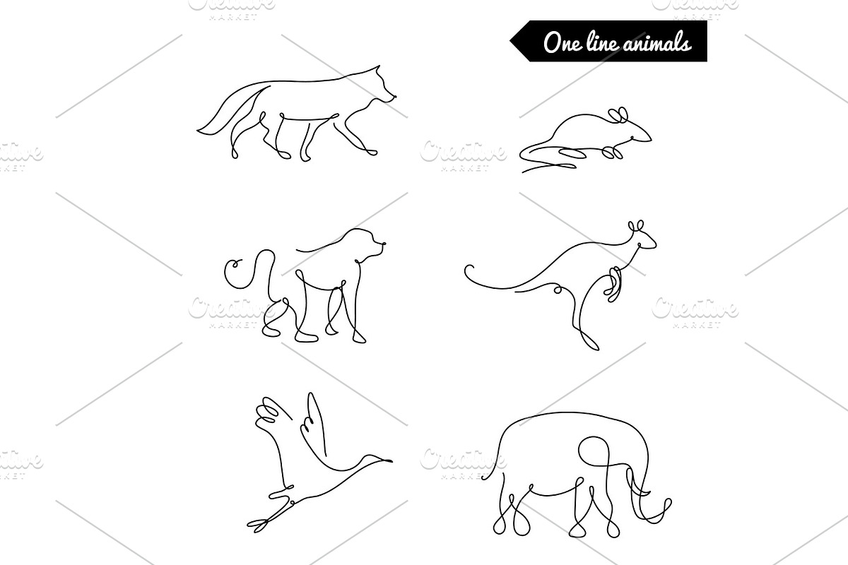 One line animals set, logos vector stock illustration with fox, wolf ...