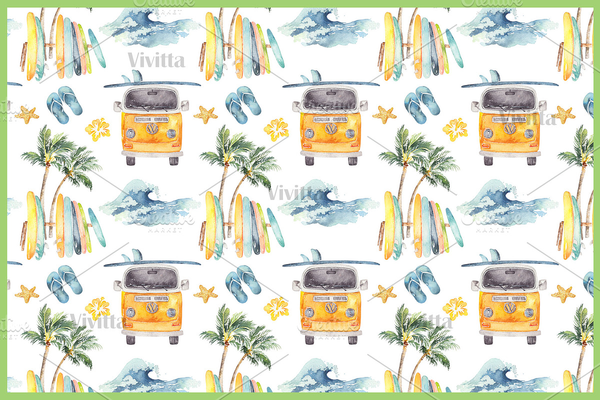 Surfing watercolor clipart set, an Illustration by Vivitta