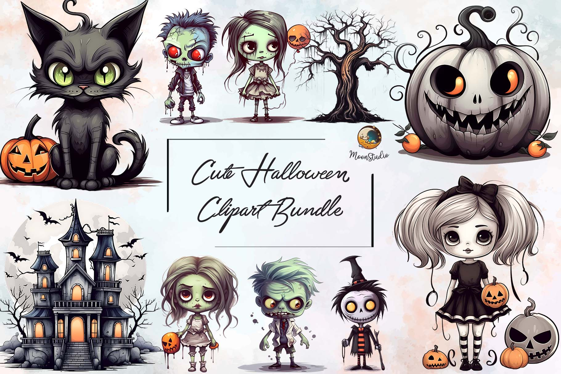 15 Cute Halloween Clipart Watercolor, an Illustration by Moon Studio