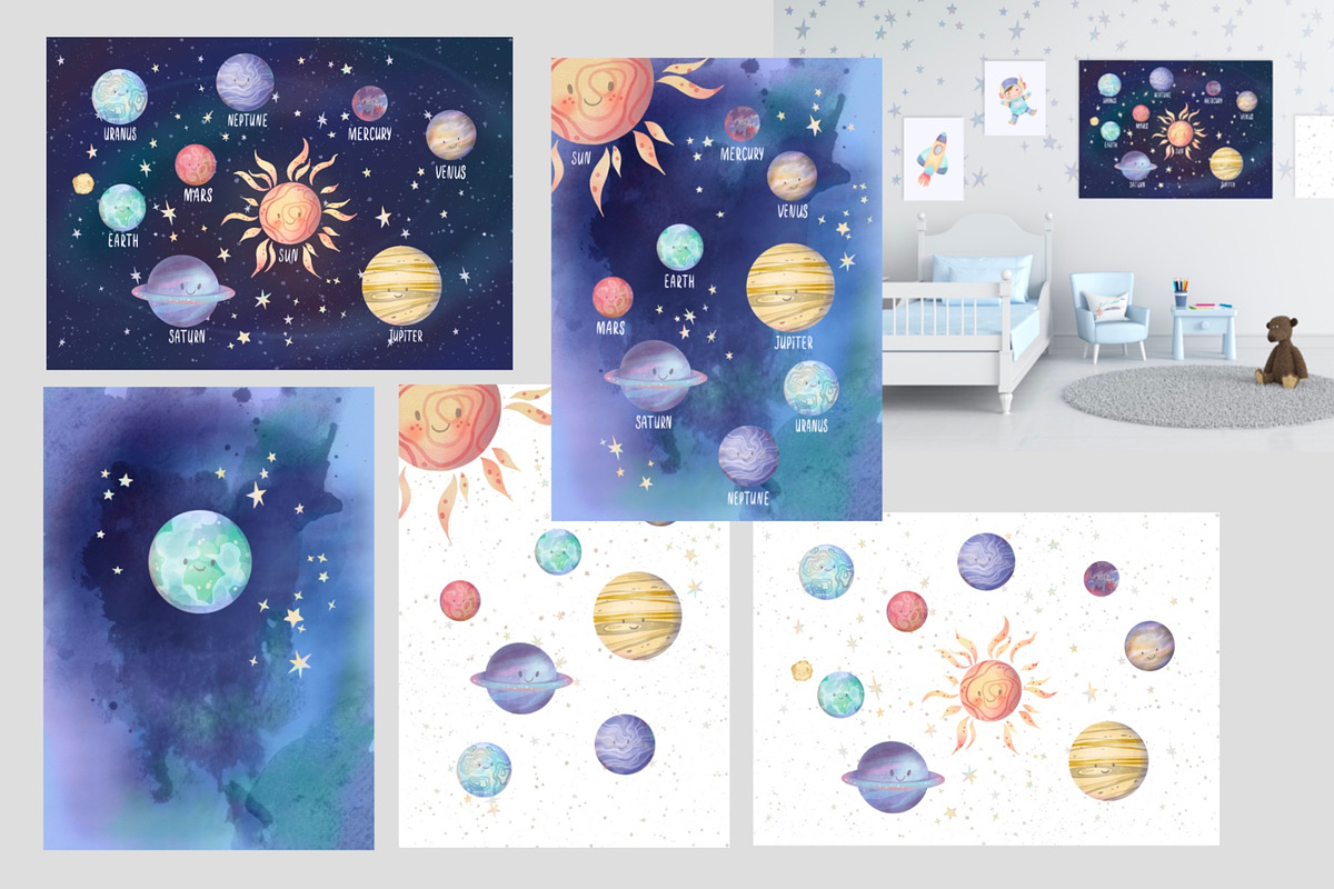 Space - watercolor kids set, an Illustration by XLizaArt | Creative Market
