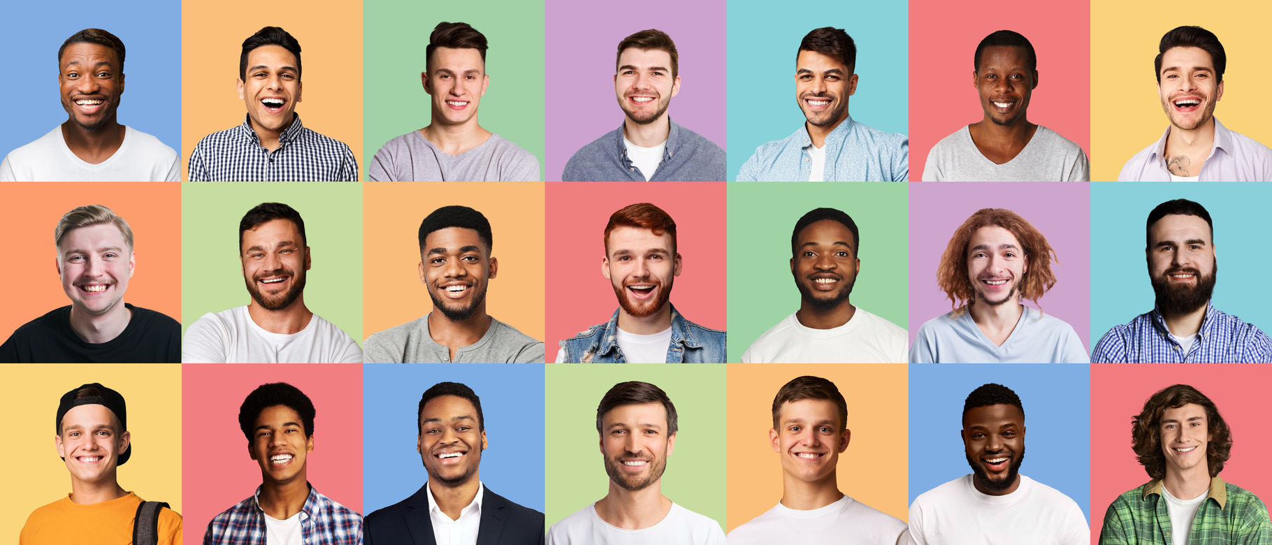Portraits Collage Of Men With Happy Faces On Different Backgrounds, a ...