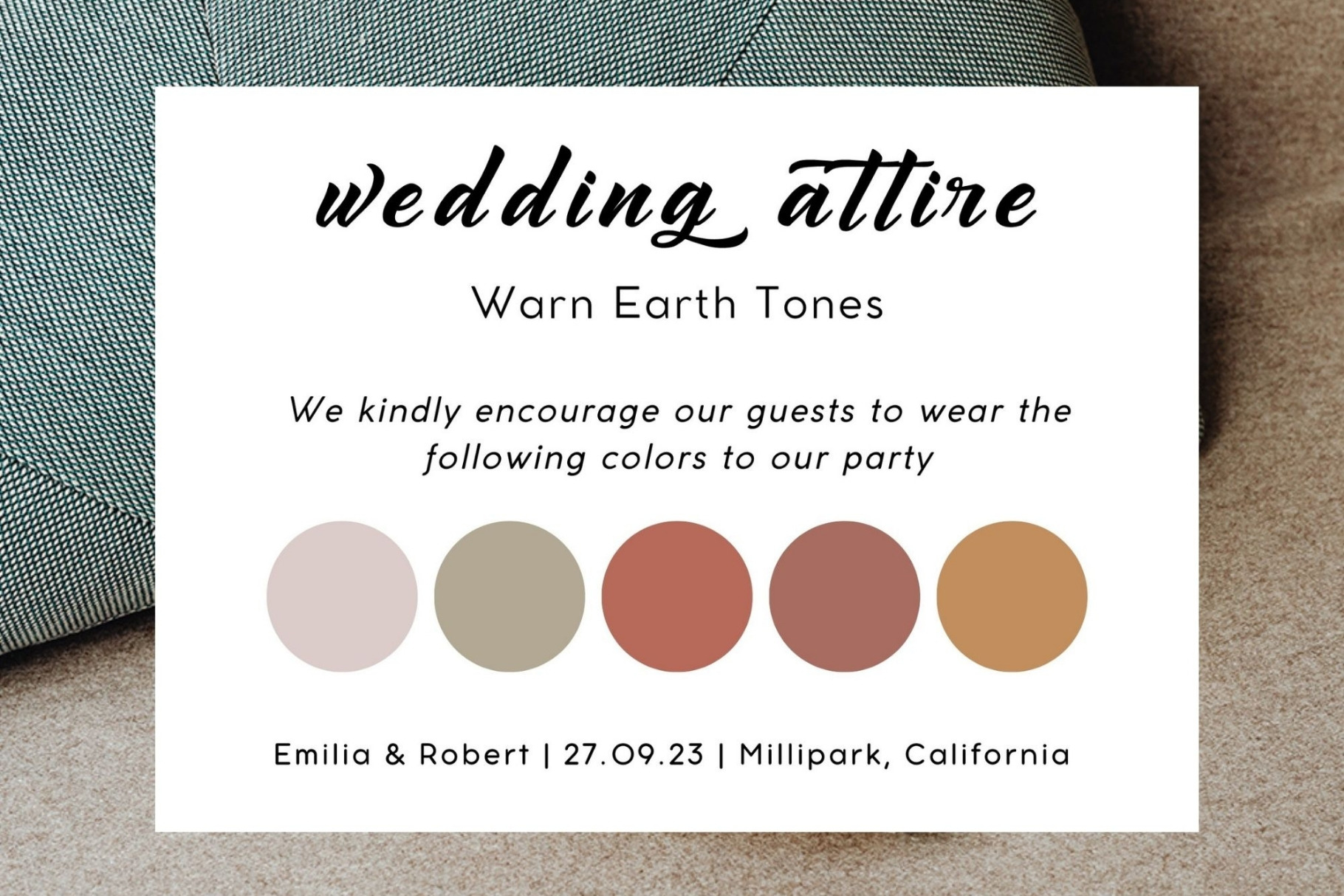 Wedding attire color palette card
