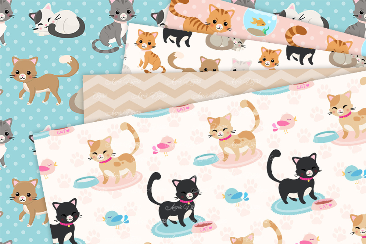 Cute Cat Digital Paper Patterns, a Pattern Graphic by Avenie Digital