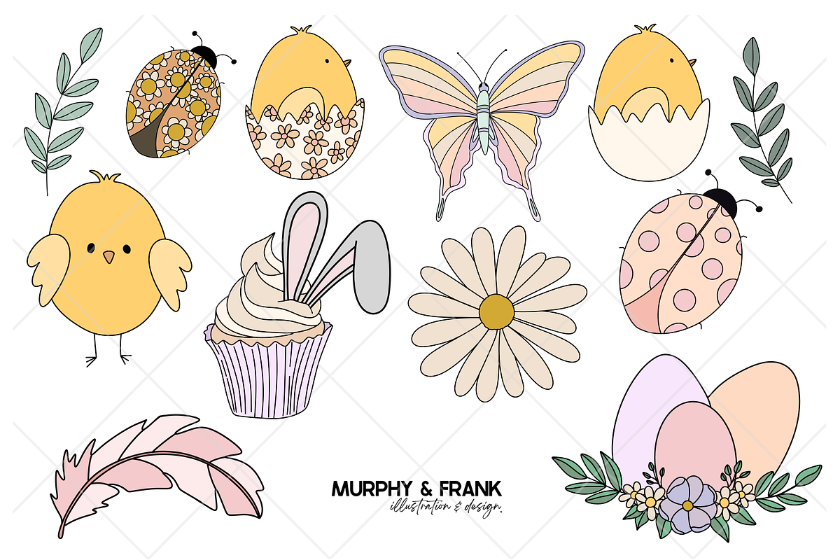 Groovy Easter Clipart Retro Spring, a Graphic by Murphy & Frank