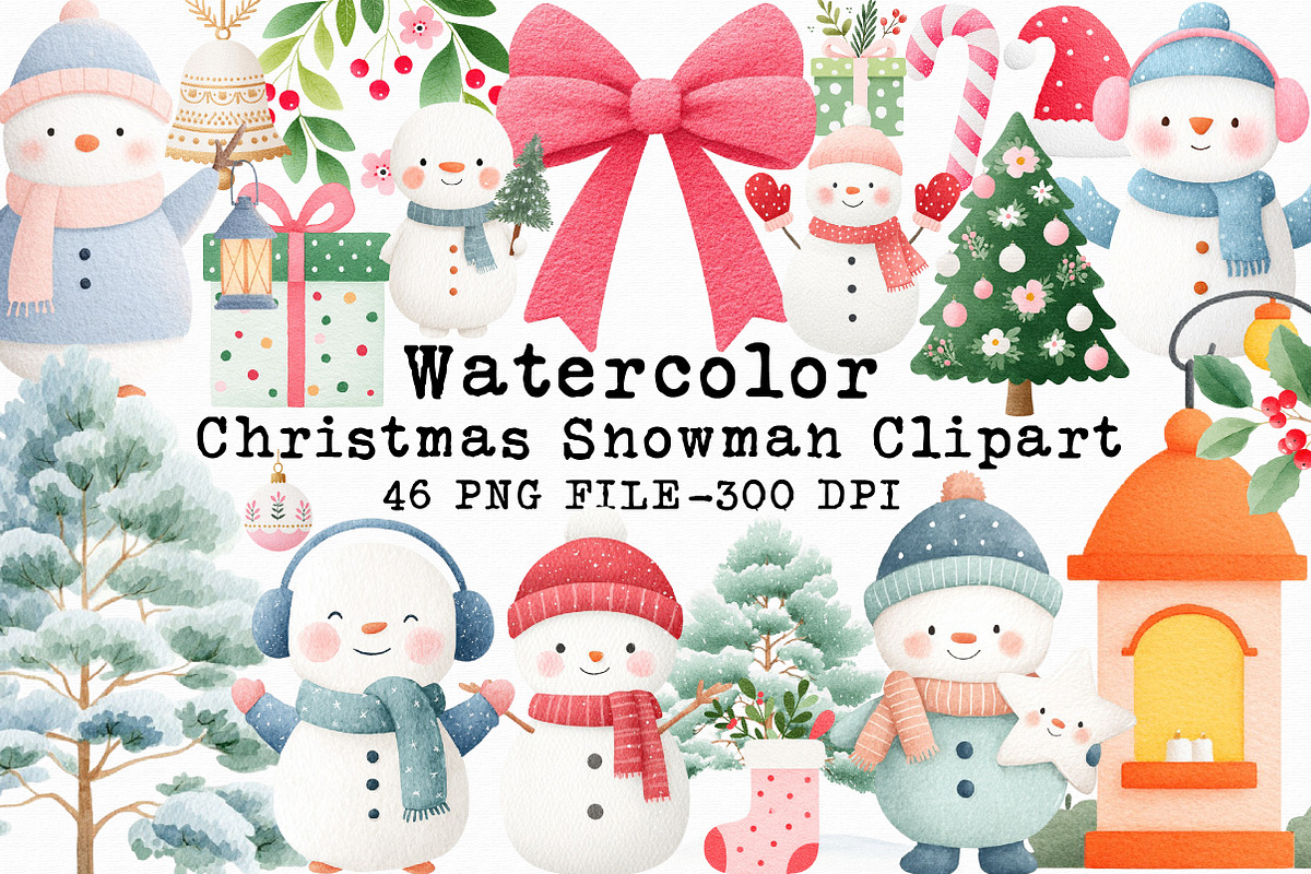 Watercolor Christmas Snowman Clipart, an Illustration by Libby Wishes