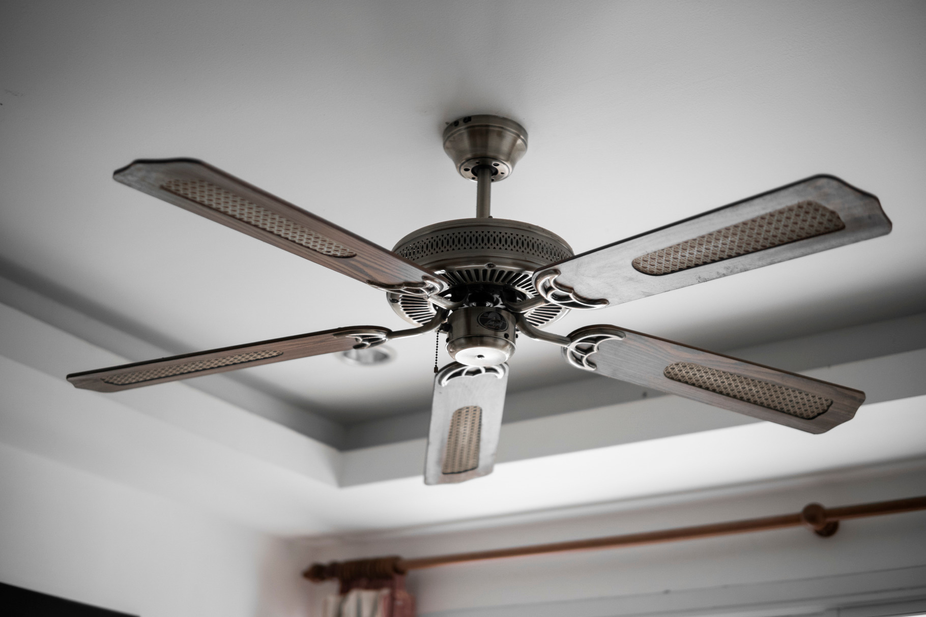 Picture of wooden ceiling fan inside featuring ceiling, air, and ...