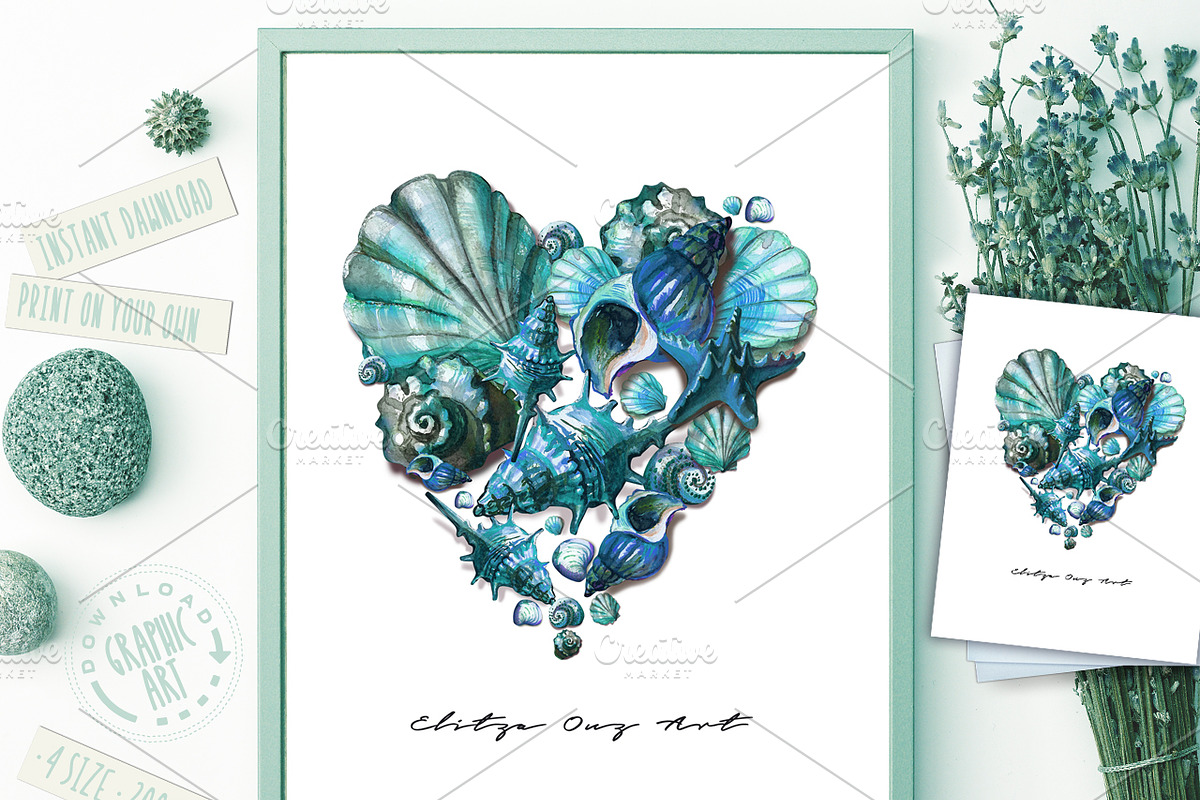 Seashell Heart Printable Wall Art, a Decorative Illustration by ...