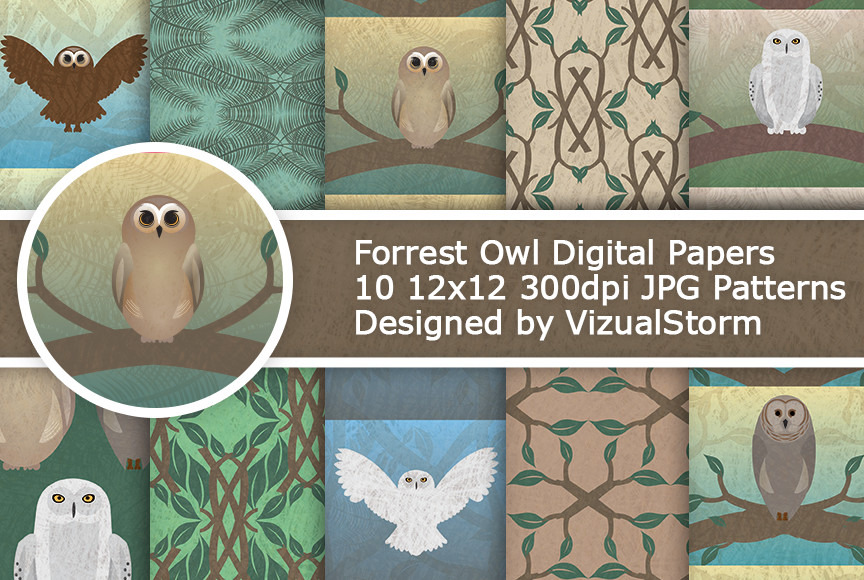 Woodland Owl Digital Paper Patterns, a Pattern Graphic by VizualStorm