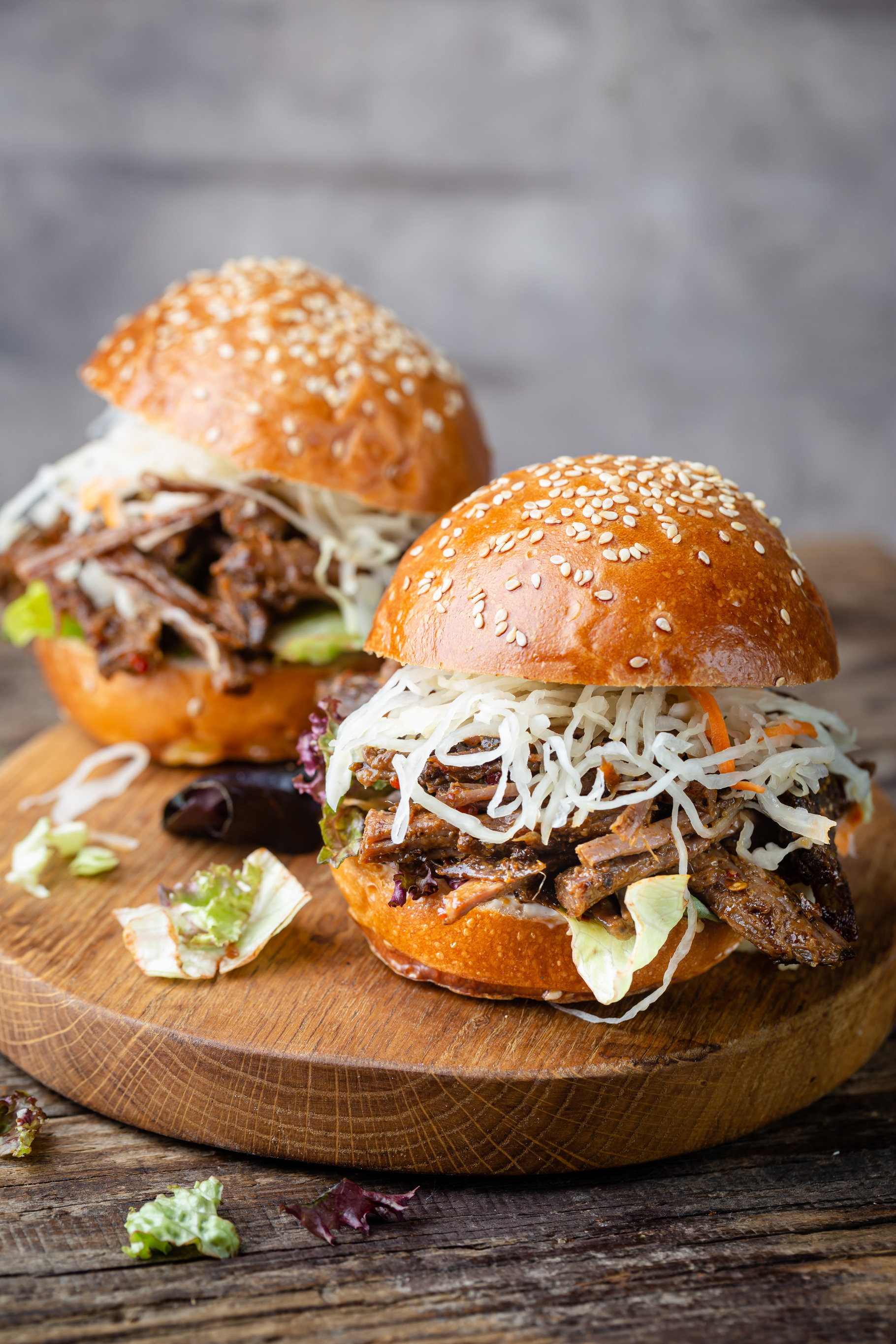 Pulled beef burger containing pork, burger, and bbq, a Food & Drink ...