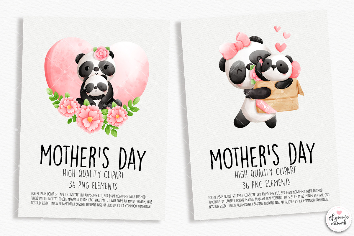 Panda mom and baby clipart, panda, an Animal Illustration by Chonnieartwork