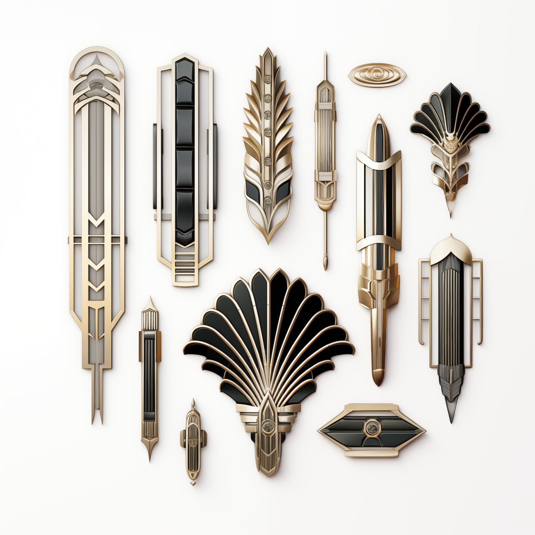 A collection of art deco style decorative elements in metallic gold ...
