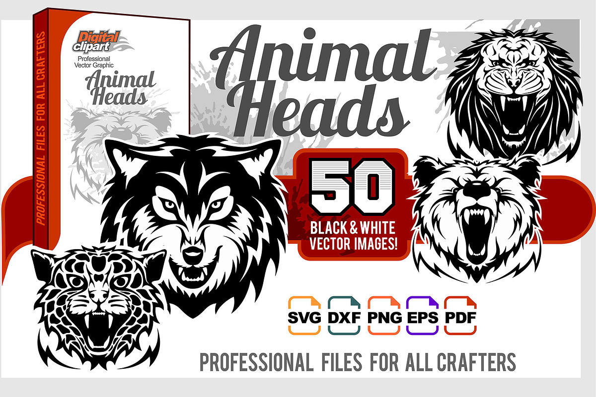 Head Animals - set 50 img, an Animal Illustration by Digital-Clipart