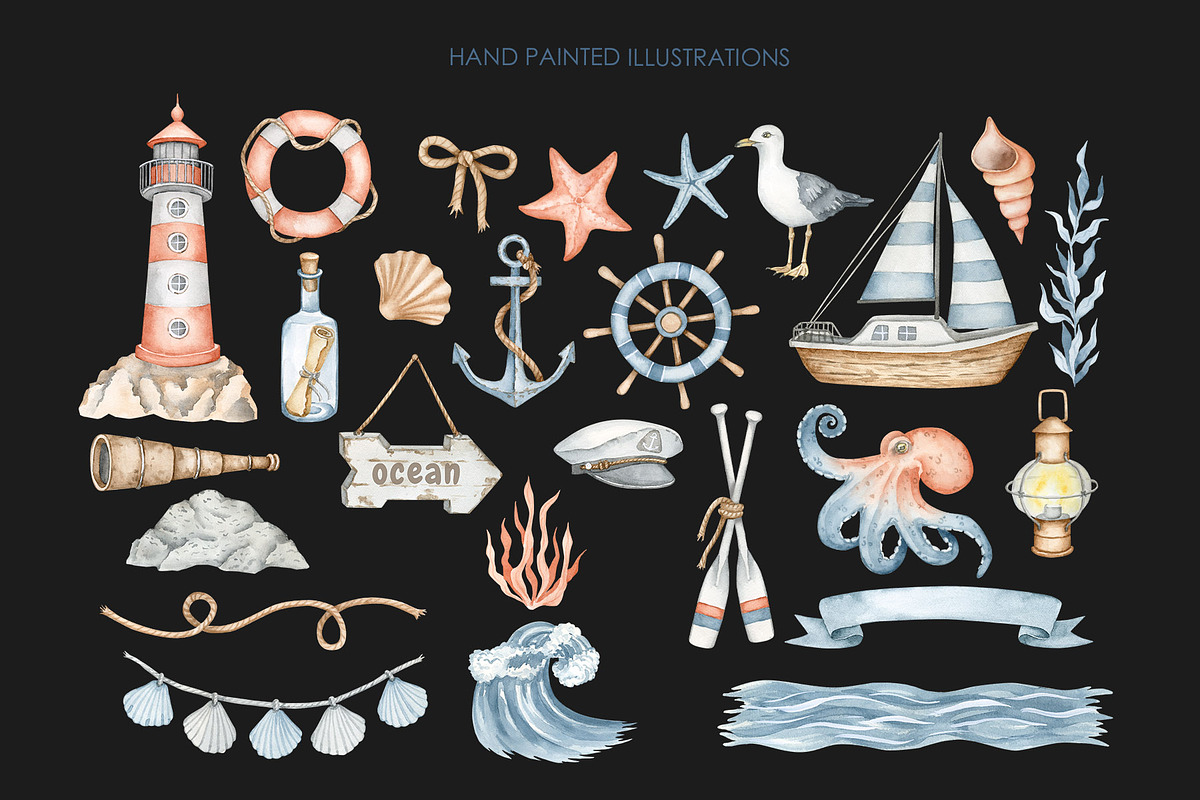 Watercolor nautical clipart, an Illustration by AquarelleSpace