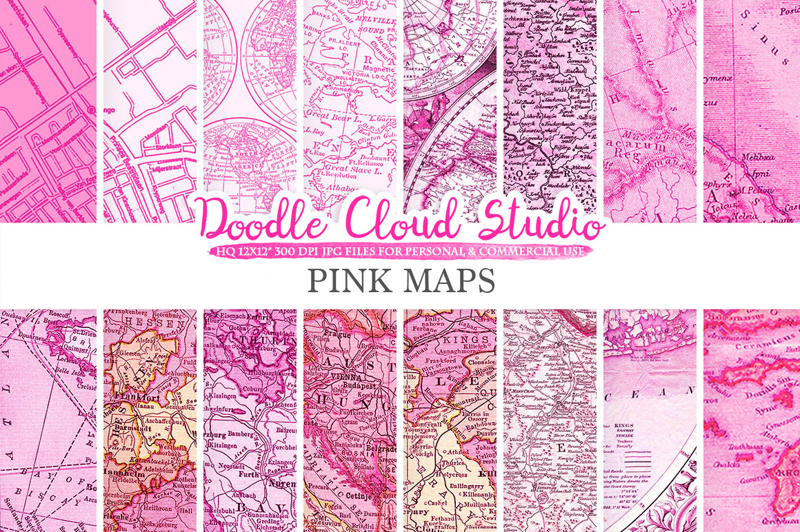 Pink Vintage Maps digital paper, a Pattern Graphic by Doodle Cloud Studio