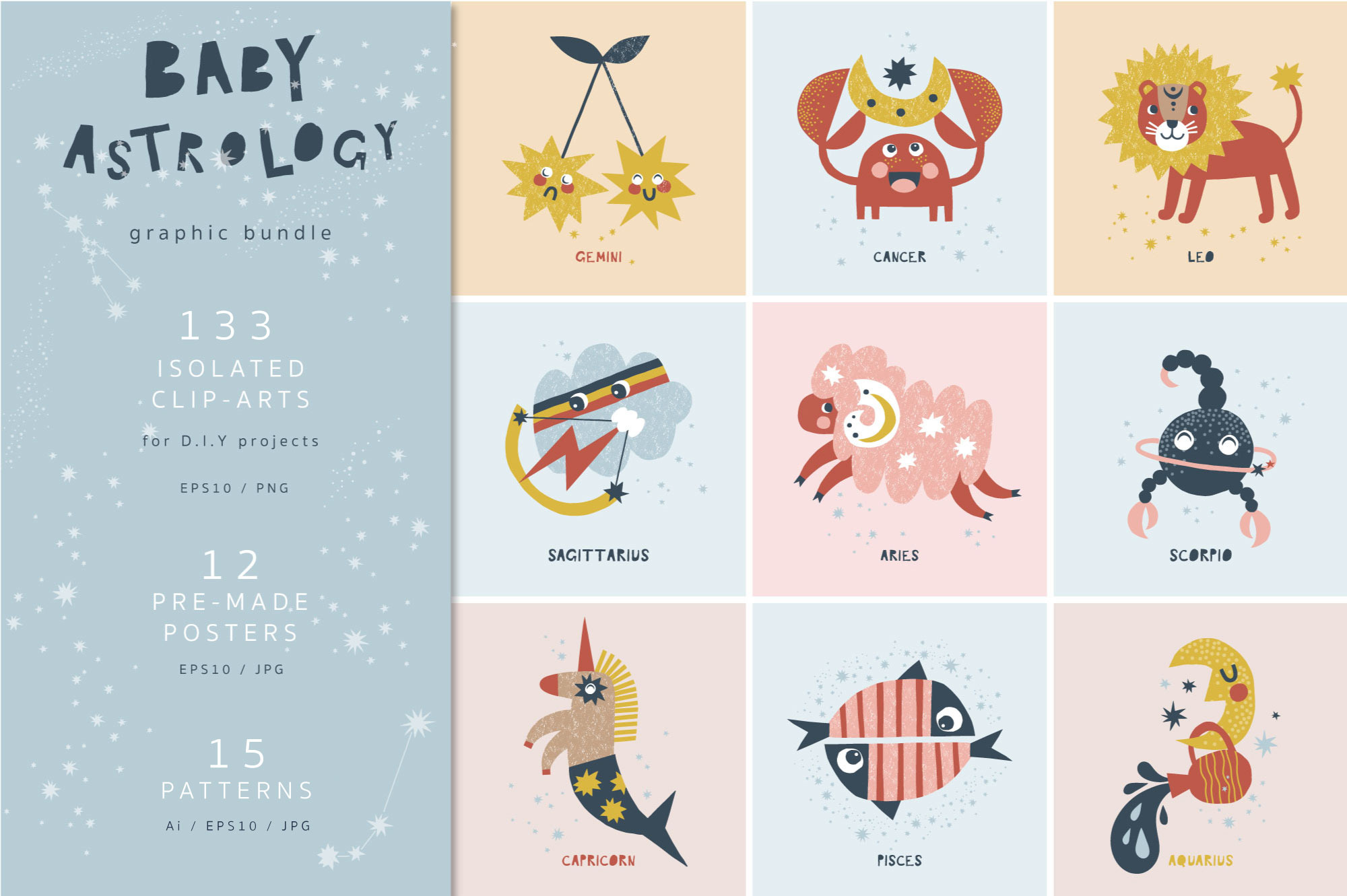 Baby Zodiac Sign clipart pattern, an Illustration by @olga.angelloz