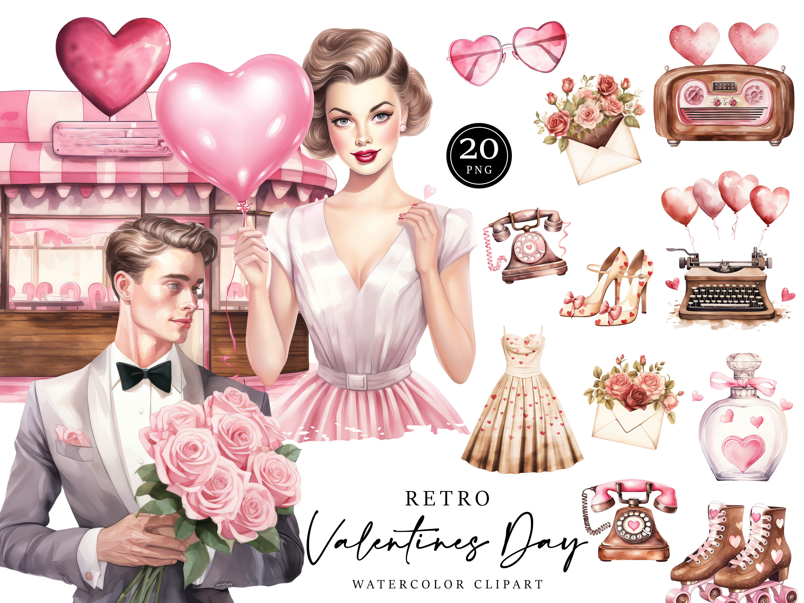Retro Valentines Day Clipart Bundle, an Object Illustration by Design ...