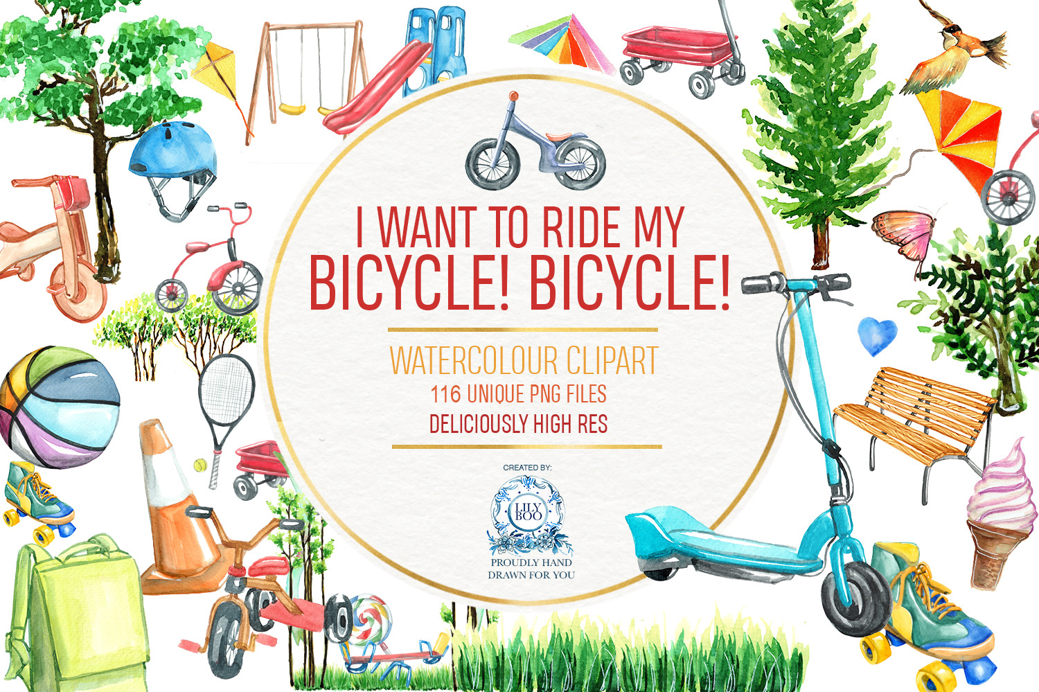 Bicycle and Park Watercolor Clipart, a Graphic by LilyBoo Clipart